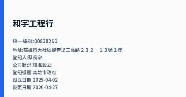 和宇工程行的照片-統編 00838290(高雄市) 公司登記資料與營業項目詳細圖表