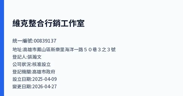 維克整合行銷工作室的照片-統編 00839137(高雄市) 公司登記資料與營業項目詳細圖表