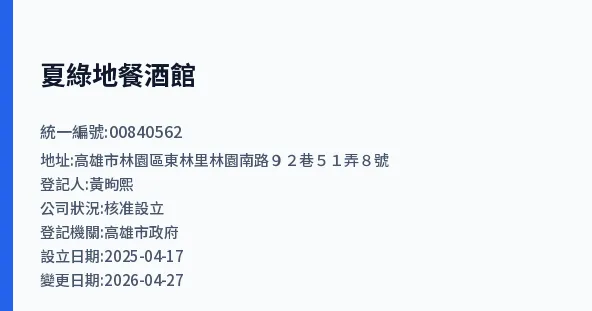 夏綠地餐酒館的照片-統編 00840562(高雄市) 公司登記資料與營業項目詳細圖表