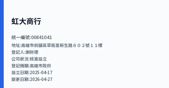 虹大商行的照片-統編 00841041(高雄市) 公司登記資料與營業項目詳細圖表