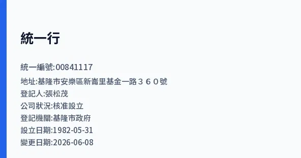 統一行的照片-統編 00841117(基隆市) 公司登記資料與營業項目詳細圖表