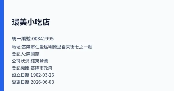 環美小吃店的照片-統編 00841995(基隆市) 公司登記資料與營業項目詳細圖表