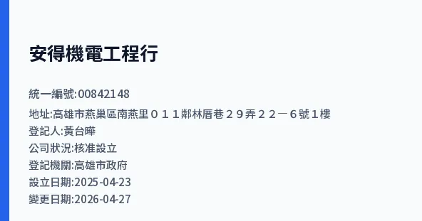 安得機電工程行的照片-統編 00842148(高雄市) 公司登記資料與營業項目詳細圖表