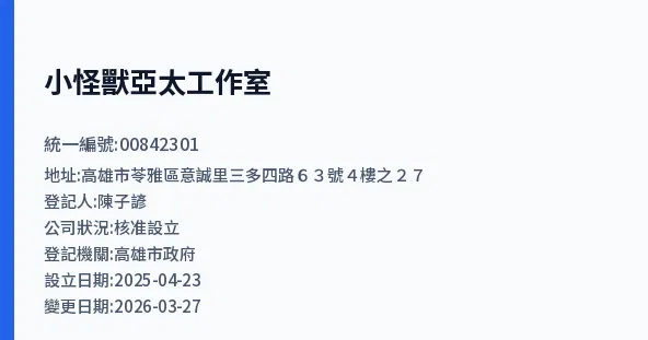 小怪獸亞太工作室的照片-統編 00842301(高雄市) 公司登記資料與營業項目詳細圖表