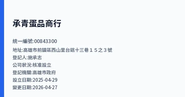 承青蛋品商行的照片-統編 00843300(高雄市) 公司登記資料與營業項目詳細圖表