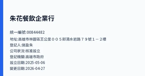 朱花餐飲企業行的照片-統編 00844482(高雄市) 公司登記資料與營業項目詳細圖表