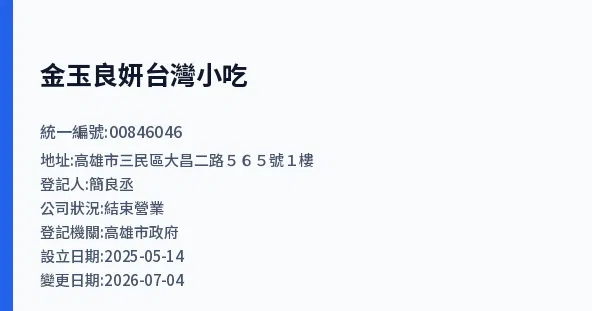 金玉良妍台灣小吃的照片-統編 00846046(高雄市) 公司登記資料與營業項目詳細圖表