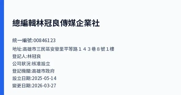 總編輯林冠良傳媒企業社的照片-統編 00846123(高雄市) 公司登記資料與營業項目詳細圖表