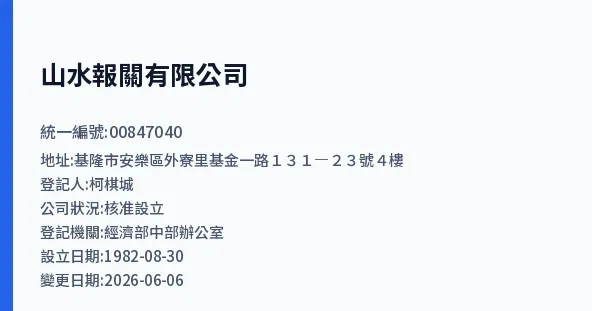 山水報關有限公司的照片-統編 00847040(基隆市) 公司登記資料與營業項目詳細圖表