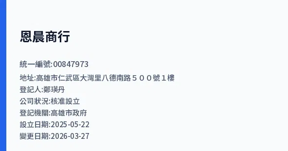 恩晨商行的照片-統編 00847973(高雄市) 公司登記資料與營業項目詳細圖表