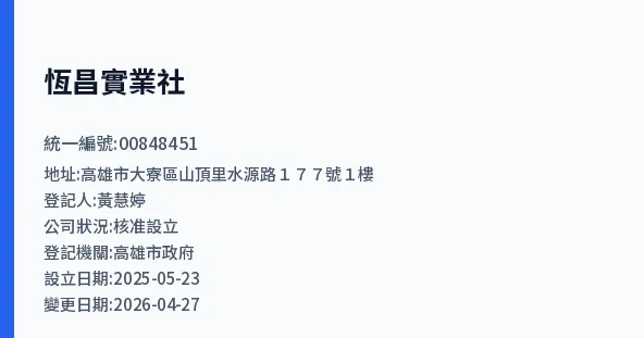 恆昌實業社的照片-統編 00848451(高雄市) 公司登記資料與營業項目詳細圖表