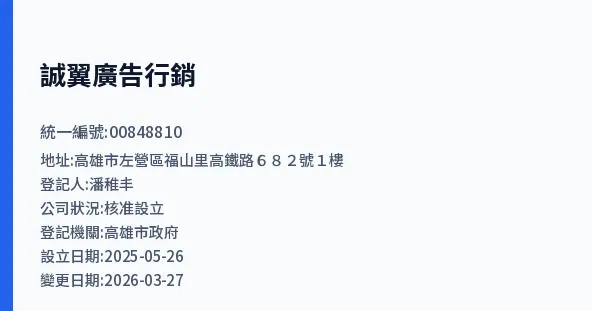 誠翼廣告行銷的照片-統編 00848810(高雄市) 公司登記資料與營業項目詳細圖表