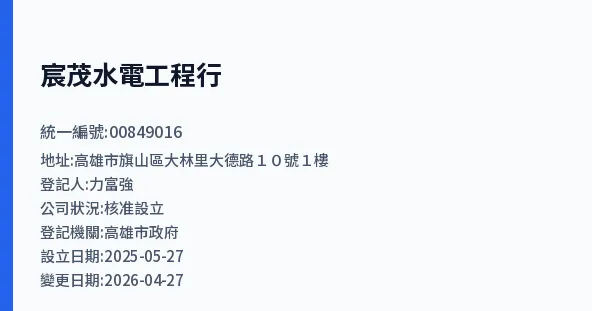 宸茂水電工程行的照片-統編 00849016(高雄市) 公司登記資料與營業項目詳細圖表