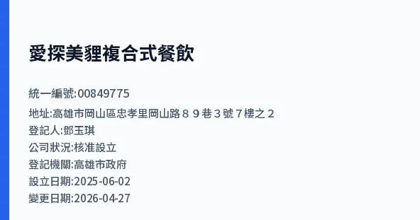 愛探美貍複合式餐飲的照片-統編 00849775(高雄市) 公司登記資料與營業項目詳細圖表