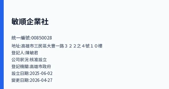 敏順企業社的照片-統編 00850028(高雄市) 公司登記資料與營業項目詳細圖表