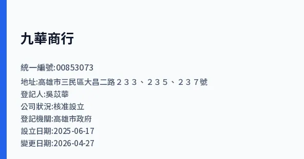 九華商行的照片-統編 00853073(高雄市) 公司登記資料與營業項目詳細圖表