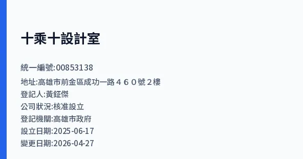 十乘十設計室的照片-統編 00853138(高雄市) 公司登記資料與營業項目詳細圖表