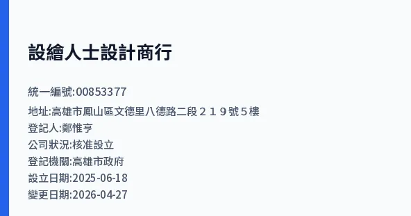 設繪人士設計商行的照片-統編 00853377(高雄市) 公司登記資料與營業項目詳細圖表