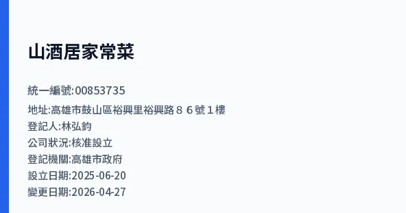 山酒居家常菜的照片-統編 00853735(高雄市) 公司登記資料與營業項目詳細圖表
