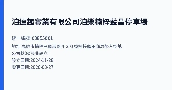 泊達趣實業有限公司泊樂楠梓藍昌停車場的照片-統編 00855001(高雄市) 公司登記資料與營業項目詳細圖表