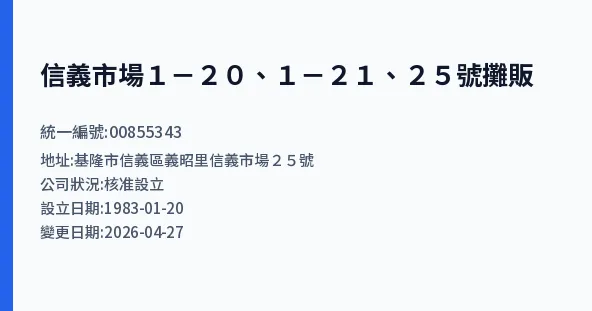 信義市場1-20、1-21、25號攤販的照片-統編 00855343(基隆市) 公司登記資料與營業項目詳細圖表