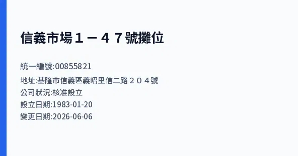 信義市場1-47號攤位的照片-統編 00855821(基隆市) 公司登記資料與營業項目詳細圖表