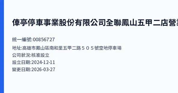 俥亭停車事業股份有限公司全聯鳳山五甲二店營業所的照片-統編 00856727(高雄市) 公司登記資料與營業項目詳細圖表