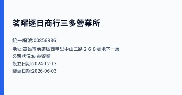 茗曜逐日商行三多營業所的照片-統編 00856986(高雄市) 公司登記資料與營業項目詳細圖表
