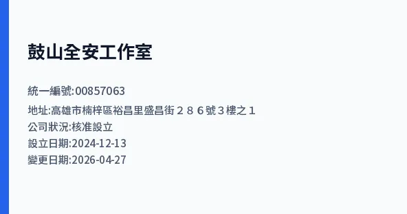 鼓山全安工作室的照片-統編 00857063(高雄市) 公司登記資料與營業項目詳細圖表