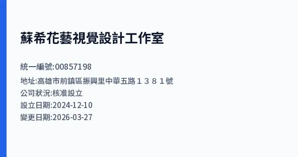 蘇希花藝視覺設計工作室的照片-統編 00857198(高雄市) 公司登記資料與營業項目詳細圖表