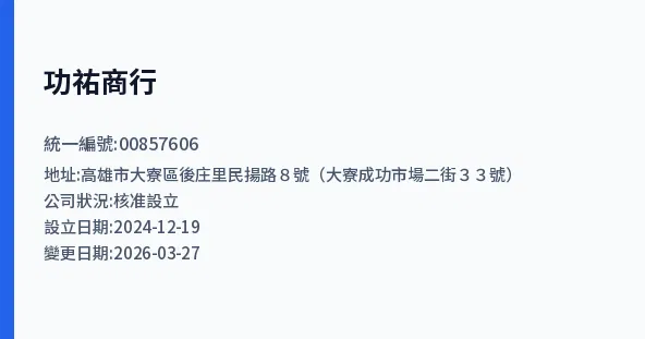 功祐商行的照片-統編 00857606(高雄市) 公司登記資料與營業項目詳細圖表