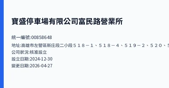 寶盛停車場有限公司富民路營業所的照片-統編 00858648(高雄市) 公司登記資料與營業項目詳細圖表