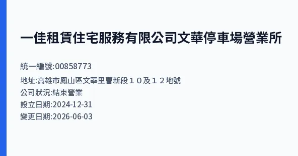 一佳租賃住宅服務有限公司文華停車場營業所的照片-統編 00858773(高雄市) 公司登記資料與營業項目詳細圖表