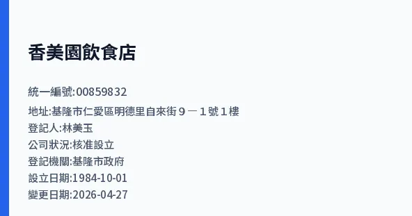 香美園飲食店的照片-統編 00859832(基隆市) 公司登記資料與營業項目詳細圖表