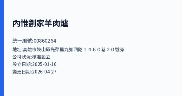 內惟劉家羊肉爐的照片-統編 00860264(高雄市) 公司登記資料與營業項目詳細圖表