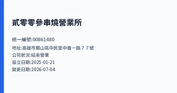 貳零零參串燒營業所的照片-統編 00861480(高雄市) 公司登記資料與營業項目詳細圖表