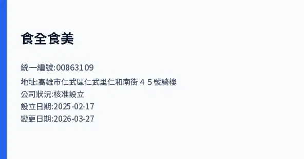 食全食美的照片-統編 00863109(高雄市) 公司登記資料與營業項目詳細圖表