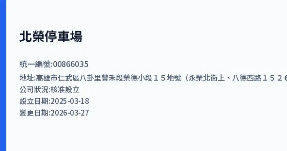 北榮停車場的照片-統編 00866035(高雄市) 公司登記資料與營業項目詳細圖表