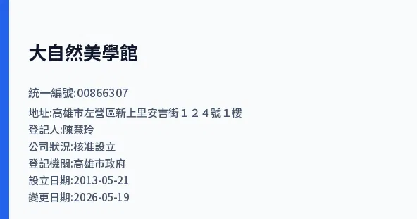 大自然美學館的照片-統編 00866307(高雄市) 公司登記資料與營業項目詳細圖表