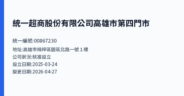 統一超商股份有限公司高雄市第四門市的照片-統編 00867230(高雄市) 公司登記資料與營業項目詳細圖表
