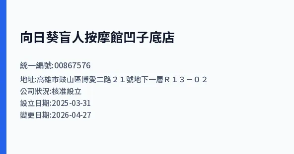 向日葵盲人按摩館凹子底店的照片-統編 00867576(高雄市) 公司登記資料與營業項目詳細圖表