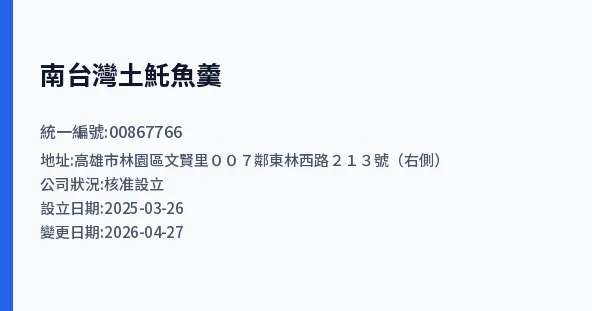 南台灣土魠魚羹的照片-統編 00867766(高雄市) 公司登記資料與營業項目詳細圖表