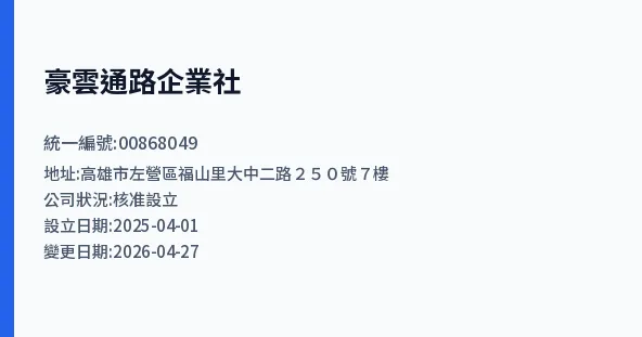豪雲通路企業社的照片-統編 00868049(高雄市) 公司登記資料與營業項目詳細圖表