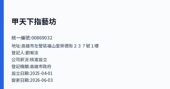甲天下指藝坊的照片-統編 00869032(高雄市) 公司登記資料與營業項目詳細圖表