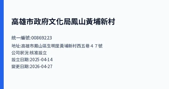 高雄市政府文化局鳳山黃埔新村的照片-統編 00869223(高雄市) 公司登記資料與營業項目詳細圖表