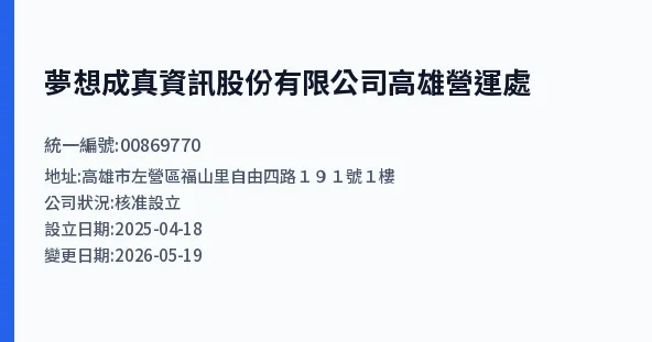 夢想成真資訊股份有限公司高雄營運處的照片-統編 00869770(高雄市) 公司登記資料與營業項目詳細圖表