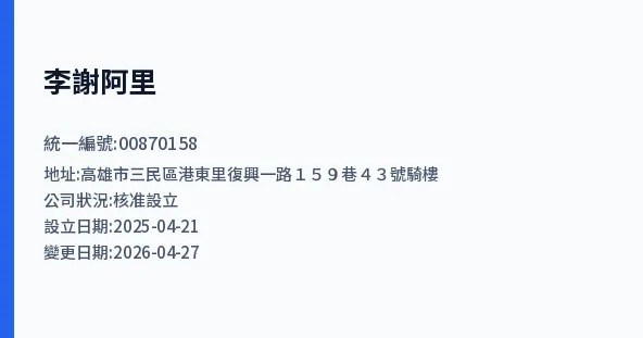 李謝阿里的照片-統編 00870158(高雄市) 公司登記資料與營業項目詳細圖表