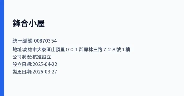 鋒合小屋的照片-統編 00870354(高雄市) 公司登記資料與營業項目詳細圖表
