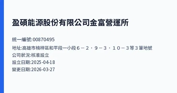盈碩能源股份有限公司金富營運所的照片-統編 00870495(高雄市) 公司登記資料與營業項目詳細圖表