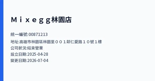 Mixegg林園店的照片-統編 00871213(高雄市) 公司登記資料與營業項目詳細圖表